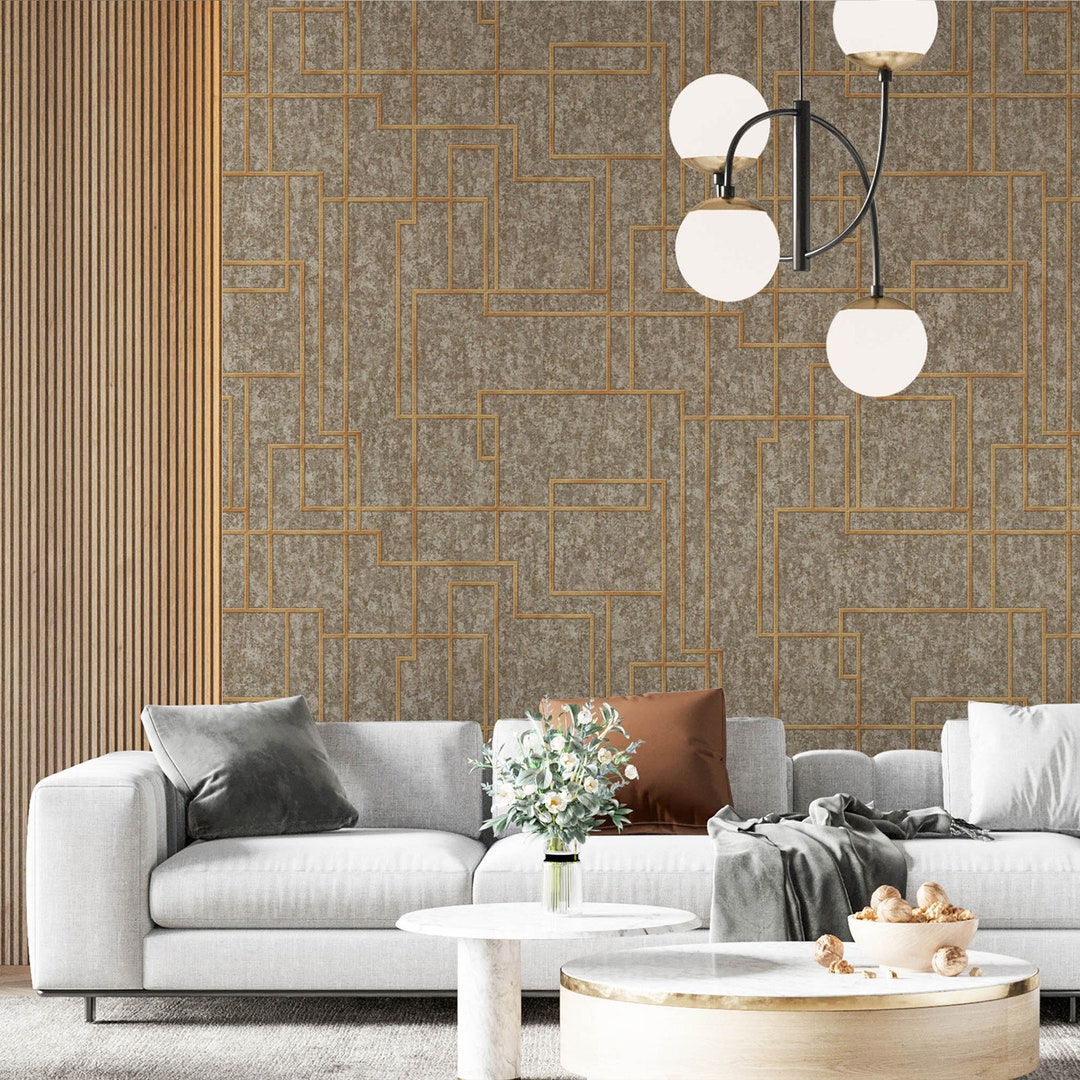 Shiny Brown Gold Geometric Embossed Wallpaper, 3D Textured Lines ...