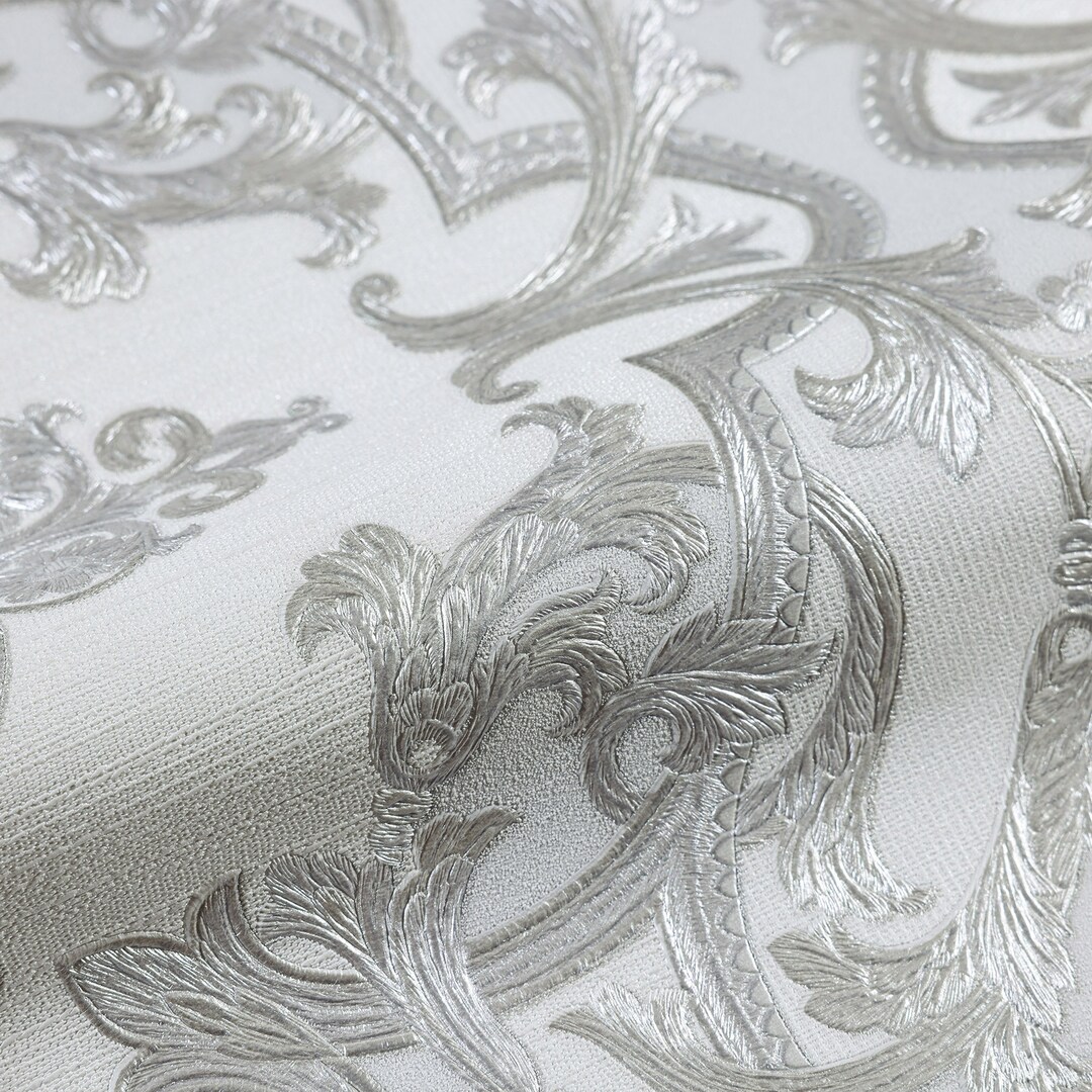Elegant White Silver Damask Wallpaper, Rich Textured Embossed Wallpaper ...