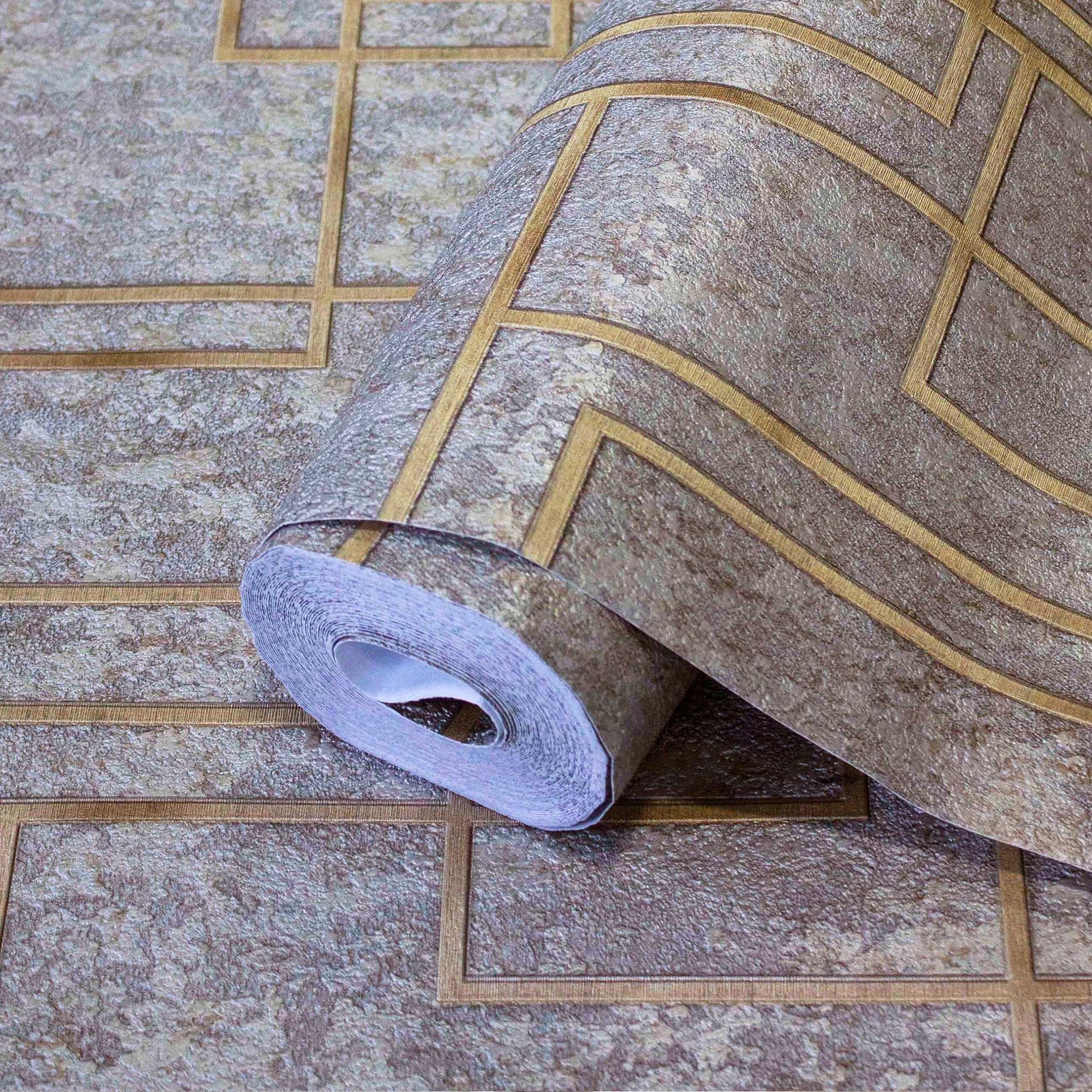 Shiny Brown Gold Geometric Embossed Wallpaper, 3D Textured Lines ...