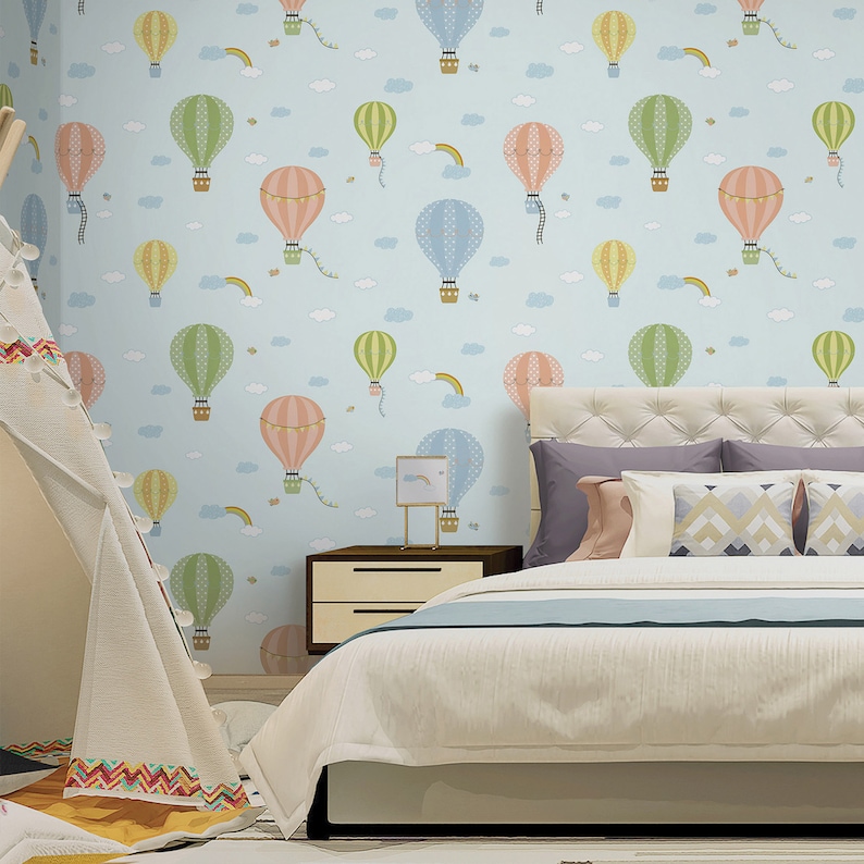 Boys Room Blue Wallpaper, Textured Hot Air Balloon Wallpaper, Boys ...