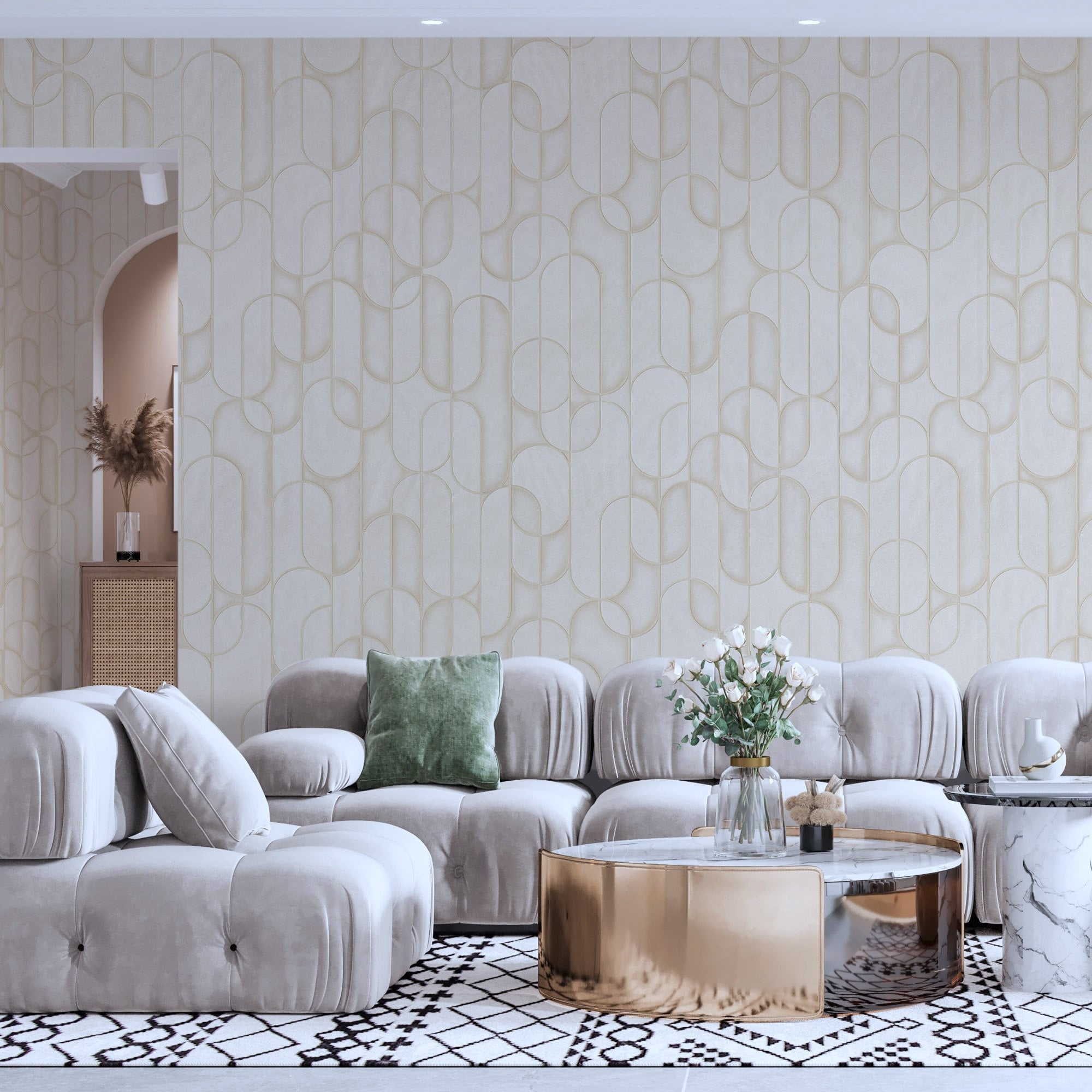 Geometric Ivory Shiny Gold Wallpaper, 3D Textured Wallcovering, Extra ...