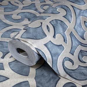 Modern Embossed Blue Pattern Wallpaper, Home Wall Decor, Aesthetic ...