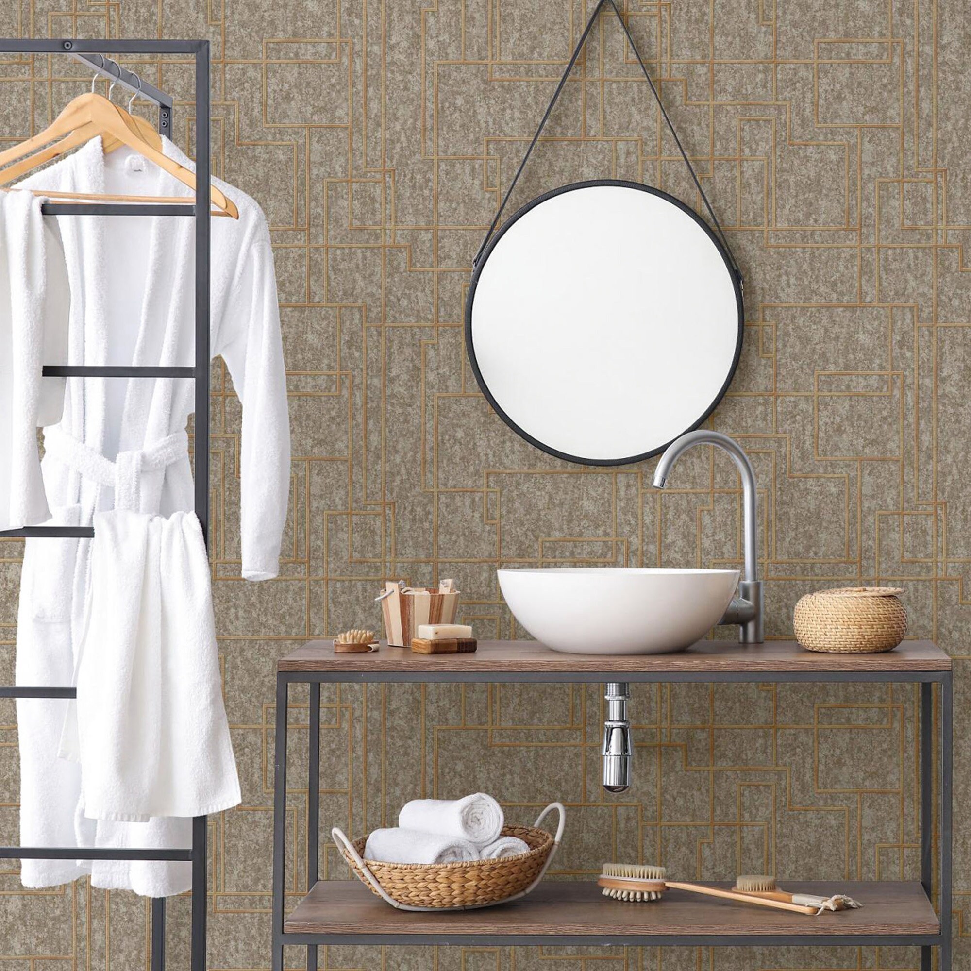 Shiny Brown Gold Geometric Embossed Wallpaper, 3D Textured Lines ...