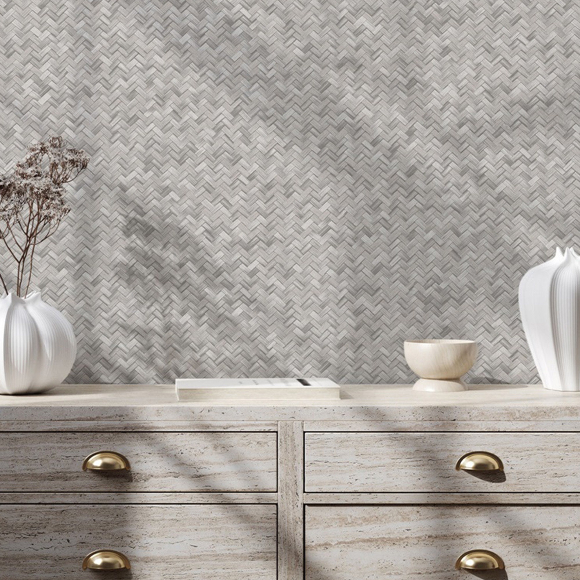 Chevron Shiny Embossed Wallpaper, 3D White Textured Wallcovering, Wall ...
