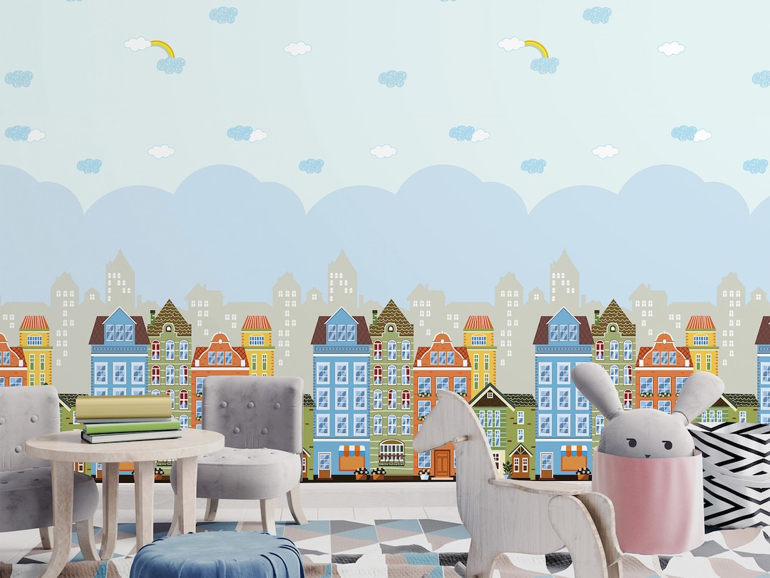 Kids Room Wallpaper Textured Wallpaper Apartments Cityscape - Etsy