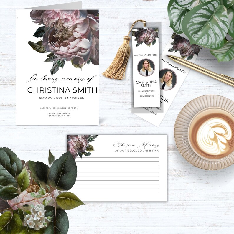 Floral Funeral Favor, Memorial Book Mark Template, Obituary Keepsake ...