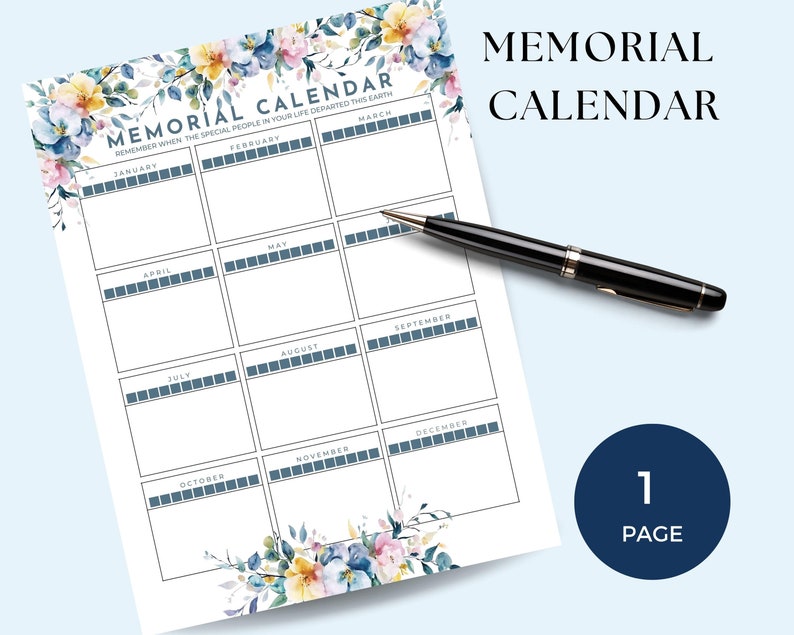 Memorial Calendar for Death Anniversary, Floral Tribute Chart, Sympathy ...