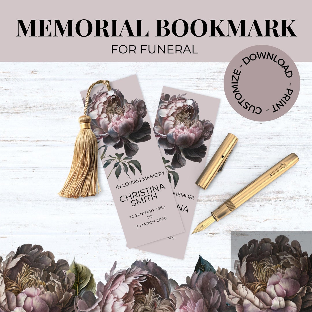Floral Funeral Favor, Memorial Book Mark Template, Obituary Keepsake ...