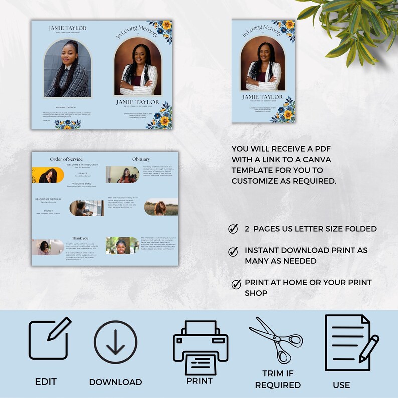 Printable Funeral Program, Blue Funeral Program Template, Yellow Floral ...