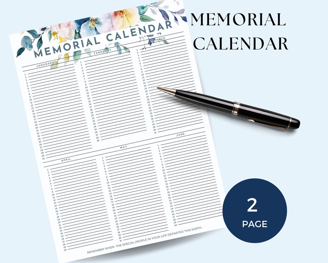 Memorial Calendar for Death Anniversary, Floral Tribute Chart, Sympathy ...