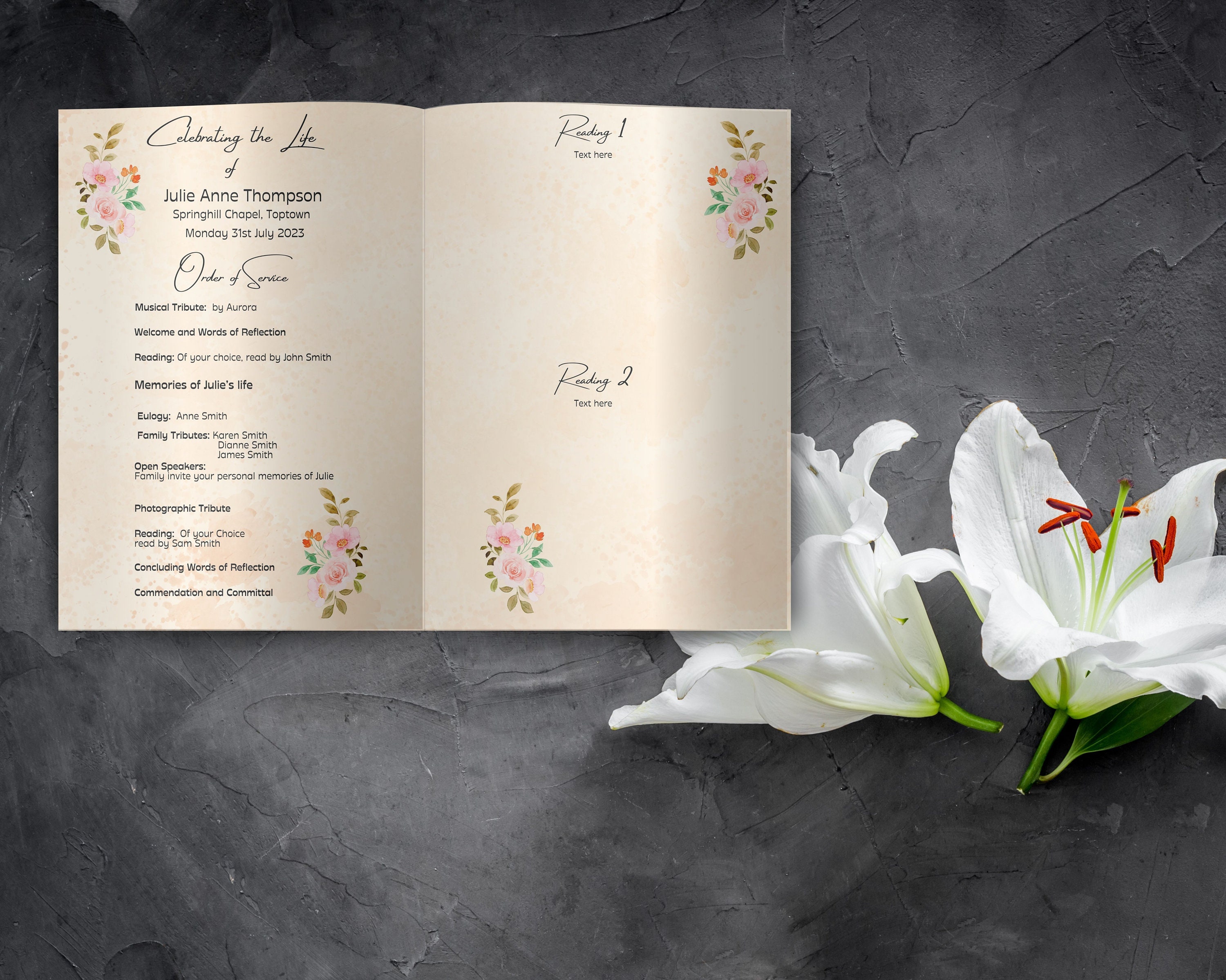 Editable Funeral Program Template, Personalized Peach Order of Service ...