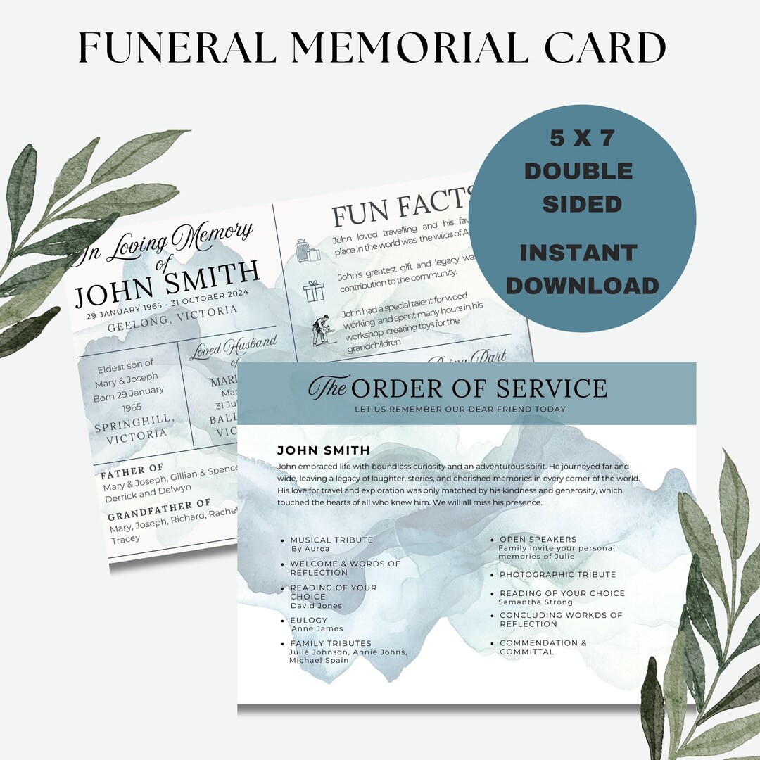 Editable Funeral Memorial Card Template, Personalized Bereavement ...