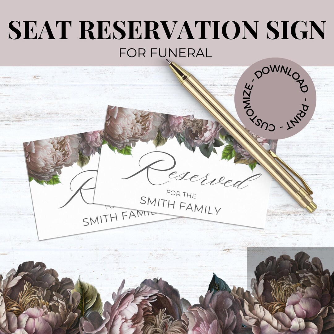 Floral Reserved Seat Sign Template, Funeral Seat Reservation Tag ...