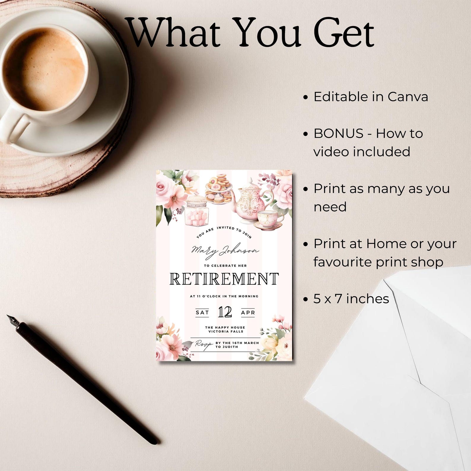 Pretty Retirement Party Invitation, Editable Retired Invite, for Woman ...