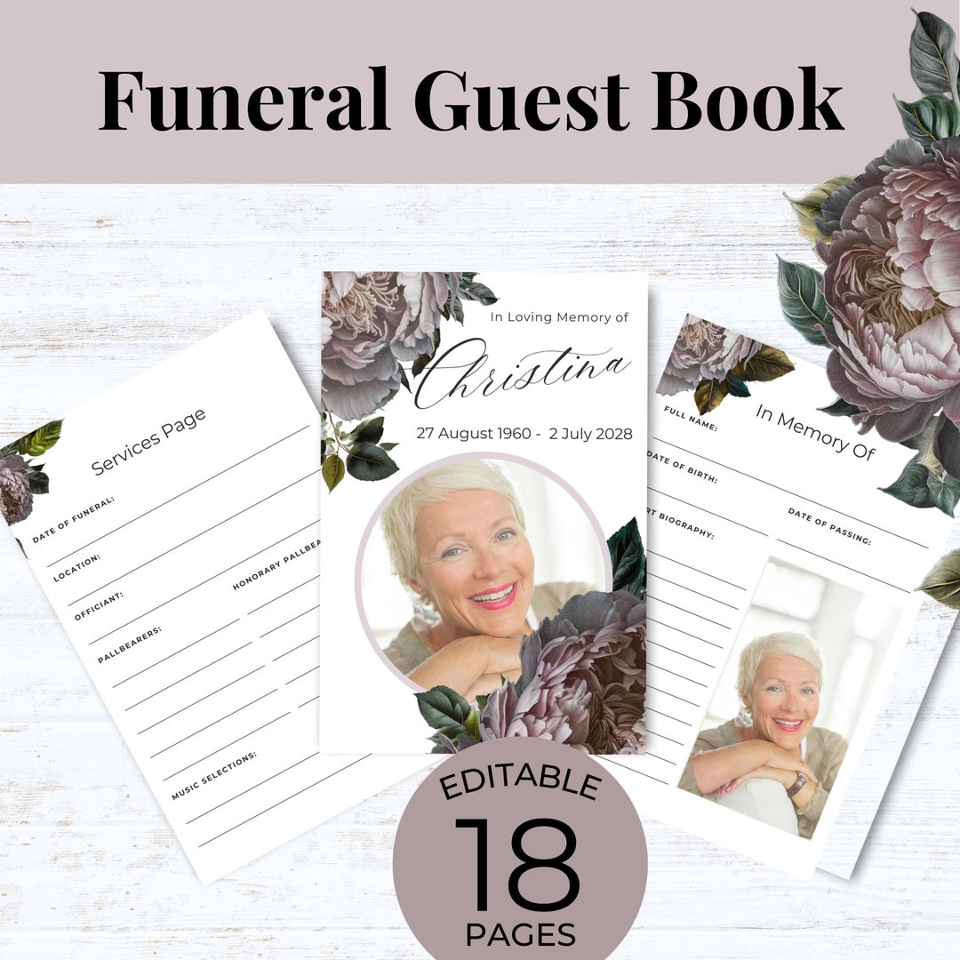 Elegant Funeral Guest Book Template, Printable Celebration of Life ...