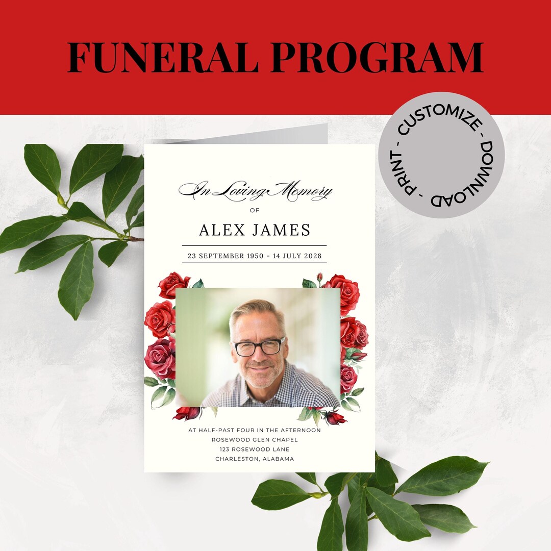 Dark Red Rose Garland, Printable Funeral Program Template, Celebration ...