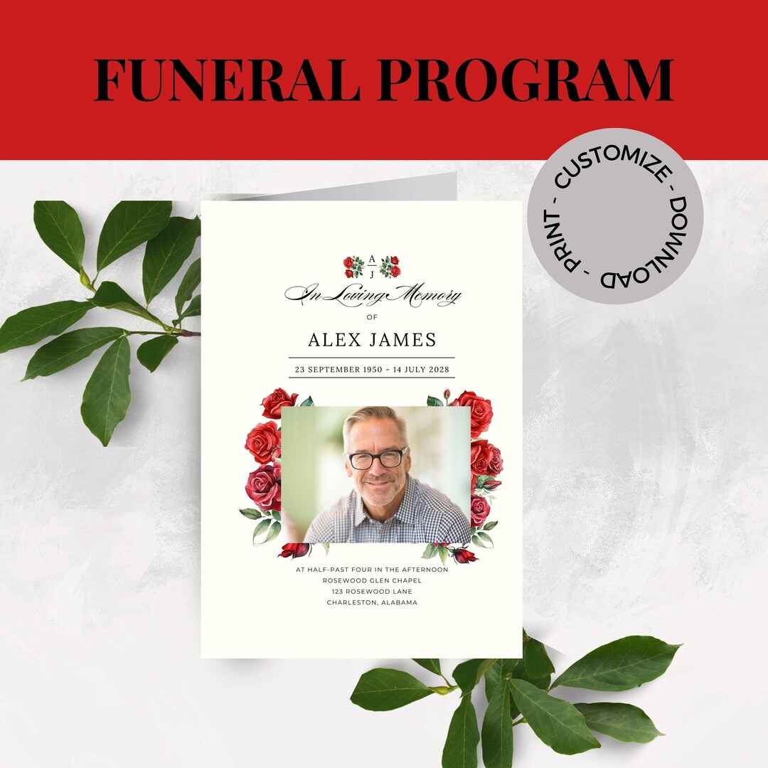 Dark Red Roses Printable Funeral Program Template, Celebration of Life ...