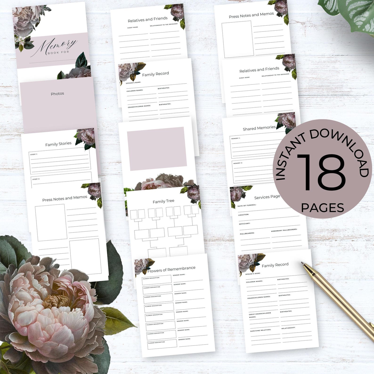 Floral Printable Memory Book, Celebration of Life, Bereavement Keepsake ...