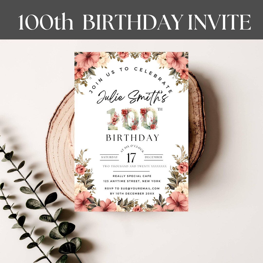 Personalized 100 Birthday Invitation, 100th Birthday Party Invite ...