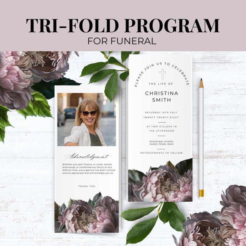 Elegant Floral Printable Tri-fold Funeral Program With Cross Template ...