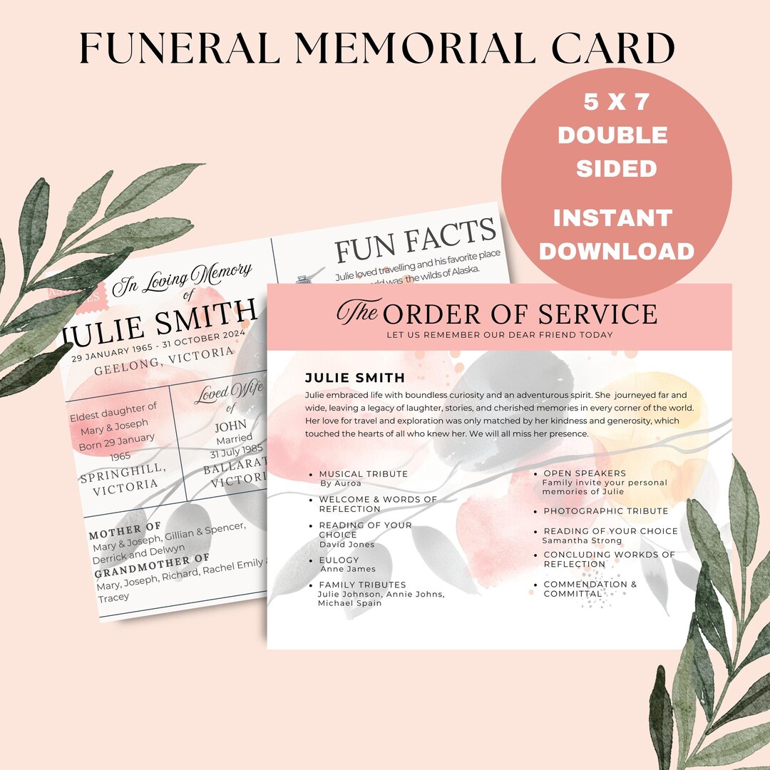 Editable Funeral Memorial Card Template, Personalized Bereavement ...