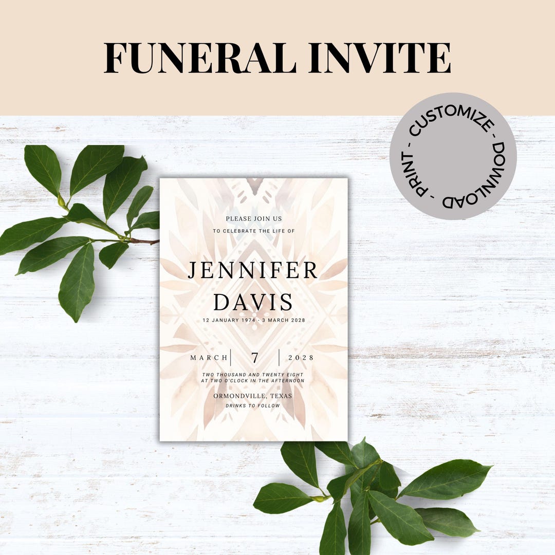 BOHO Printable Funeral Invitation Template, Celebration of Life ...
