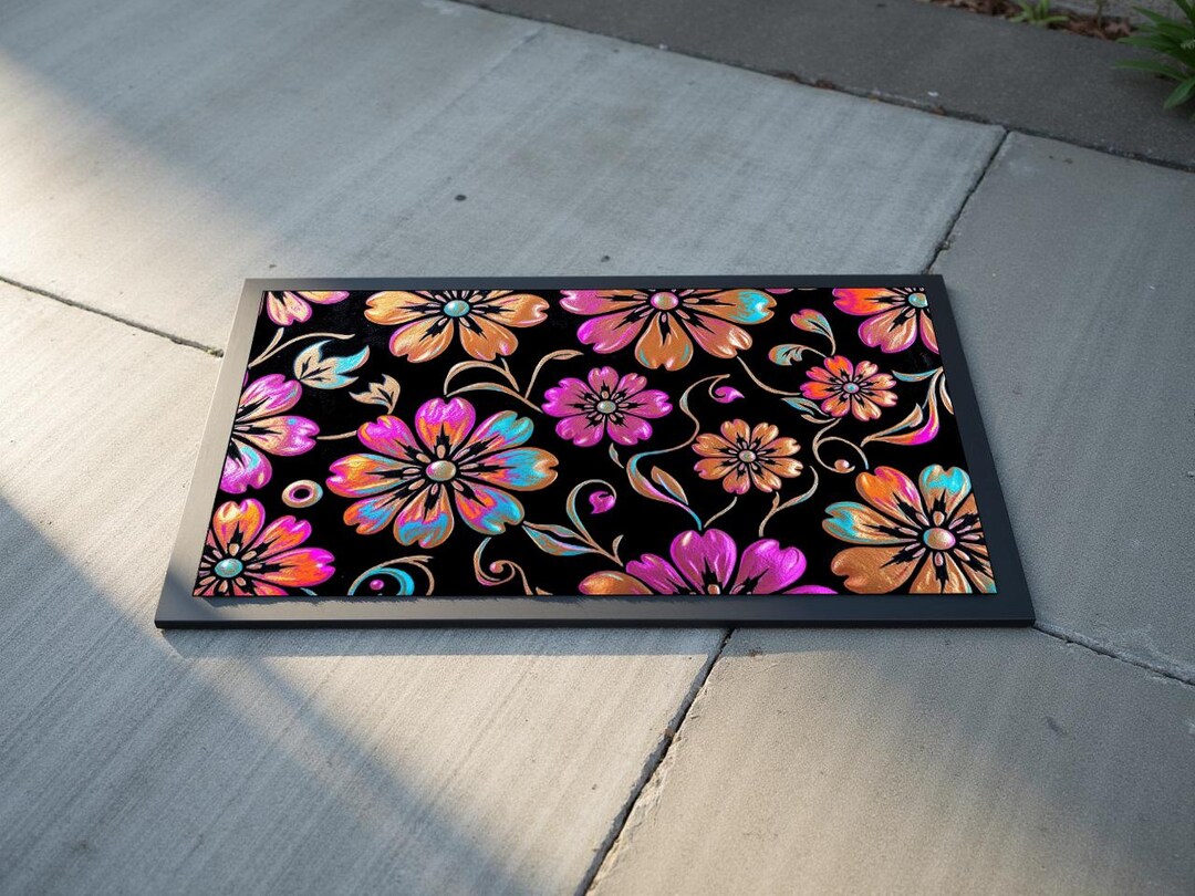 SAVIA | Floral Door Mat, Black Iridescent Doormat, Rainbow Metallic ...