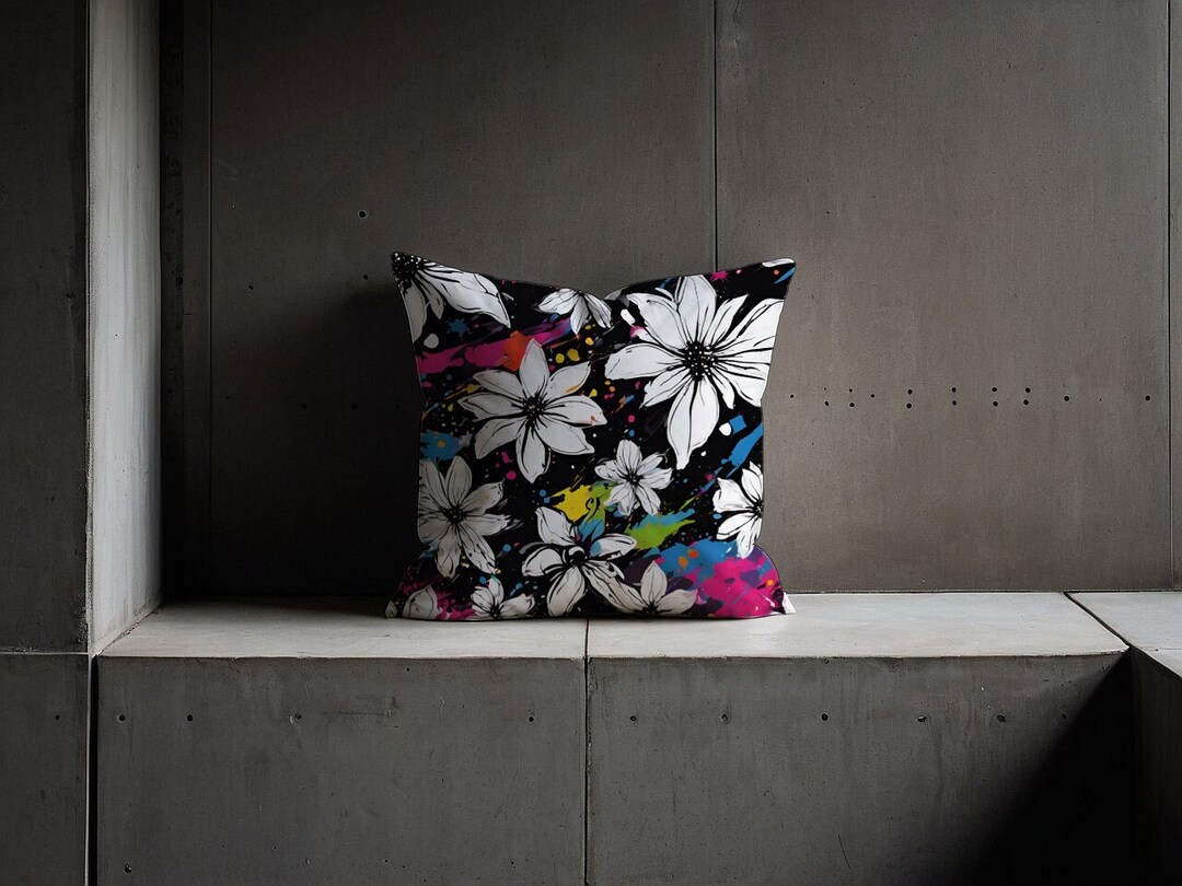 PUNK PETAL Abstract Paint Splatter Floral Pillow, Multicolor Pillow ...