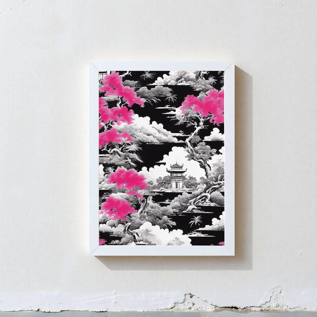 RYDER | Premium FRAMED Asian Art Print, Hot Pink Cherry Blossom Black ...