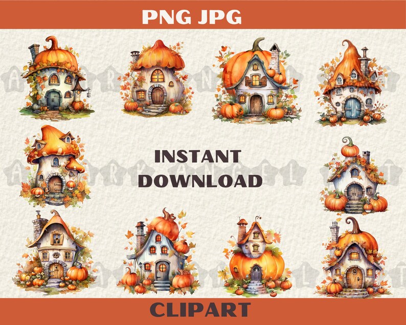 25 PNG Watercolor Autumn Cute Fairy Pumpkin House Clipart Transparent ...