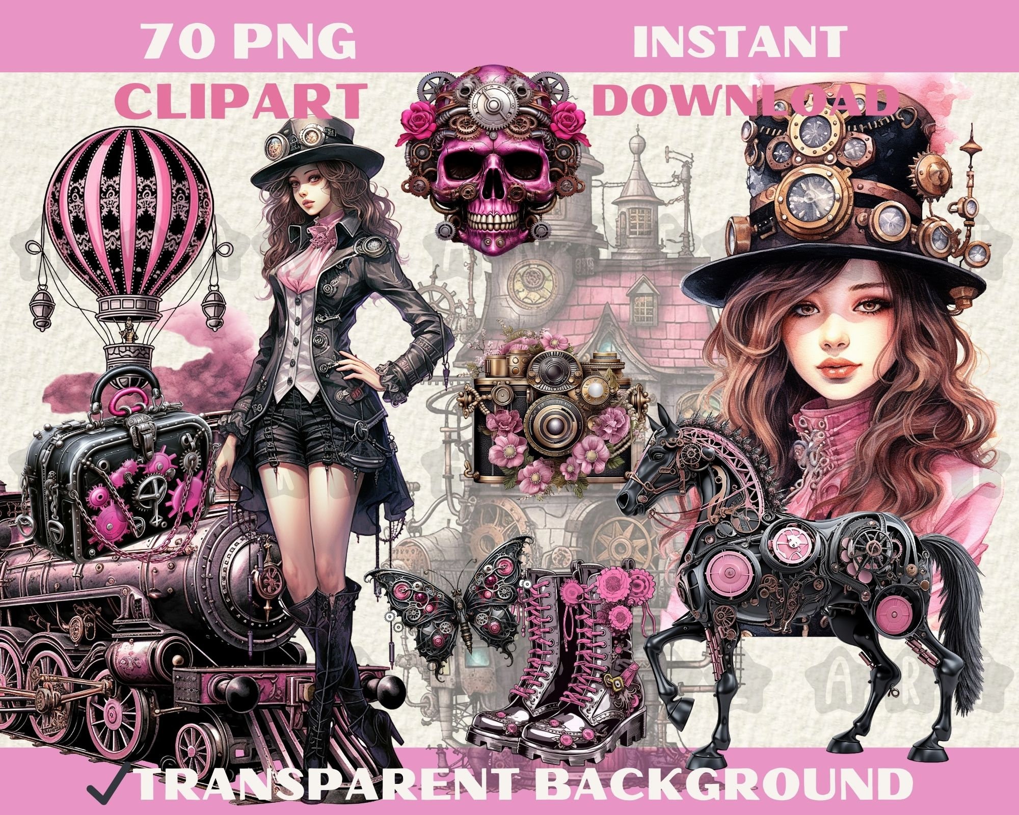 70 PNG Black and Pink Watercolour Steampunk Clipart Bundle Transparent ...