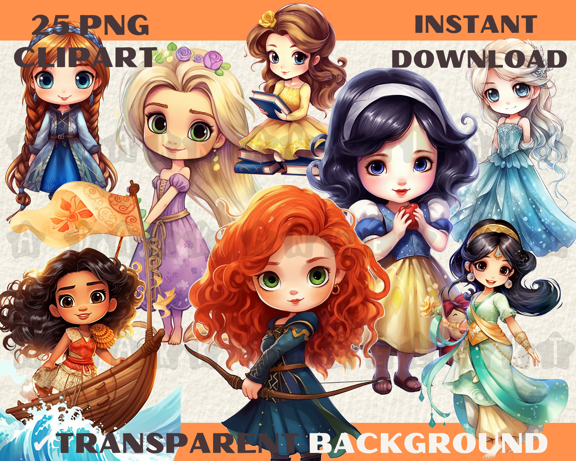 25 PNG Fairytale Princesses Watercolour Clipart, Rapunzel, Snow White ...