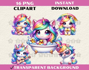 101 Watercolor Cute Unicorn Clipart Bundle Watercolor Rainbow Unicorn ...