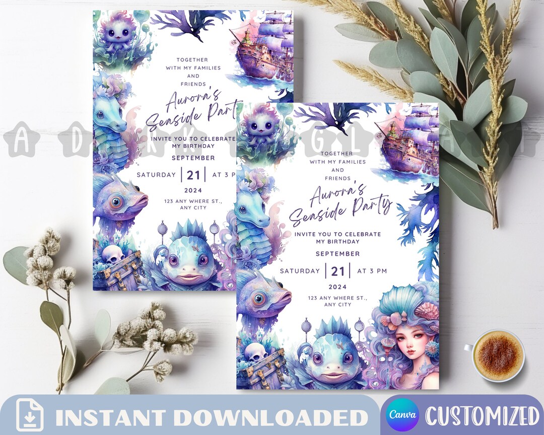 Editable Fantasy Mermaid Elements Invitation Canva Template, Cards ...