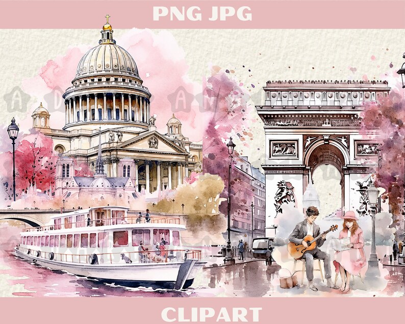 40 PNG Watercolour Pink France Paris Clipart Set, Transparent ...