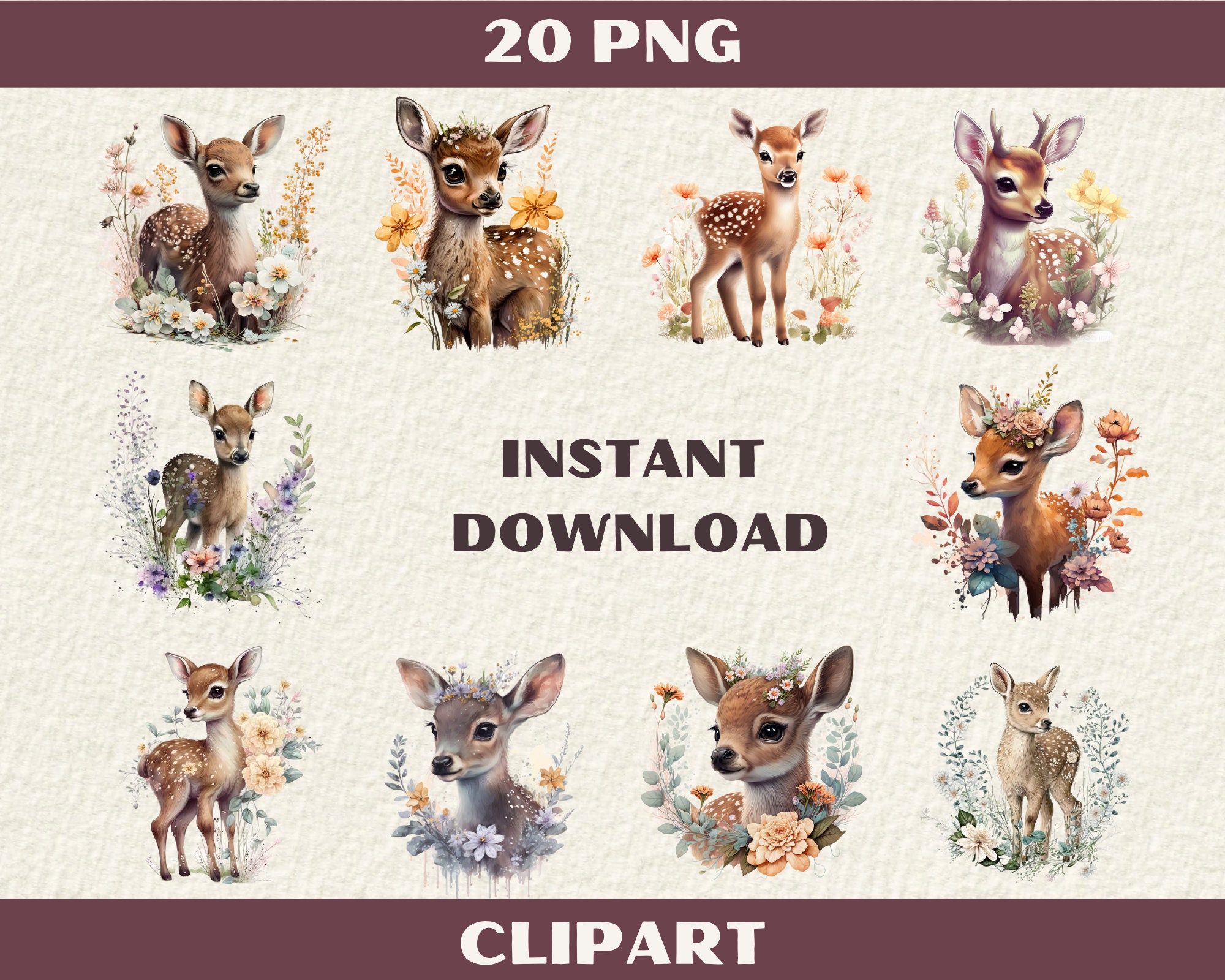 15 PNG Baby Deer Clipart, Cute Fawn Watercolour, Spring Floral Shower ...