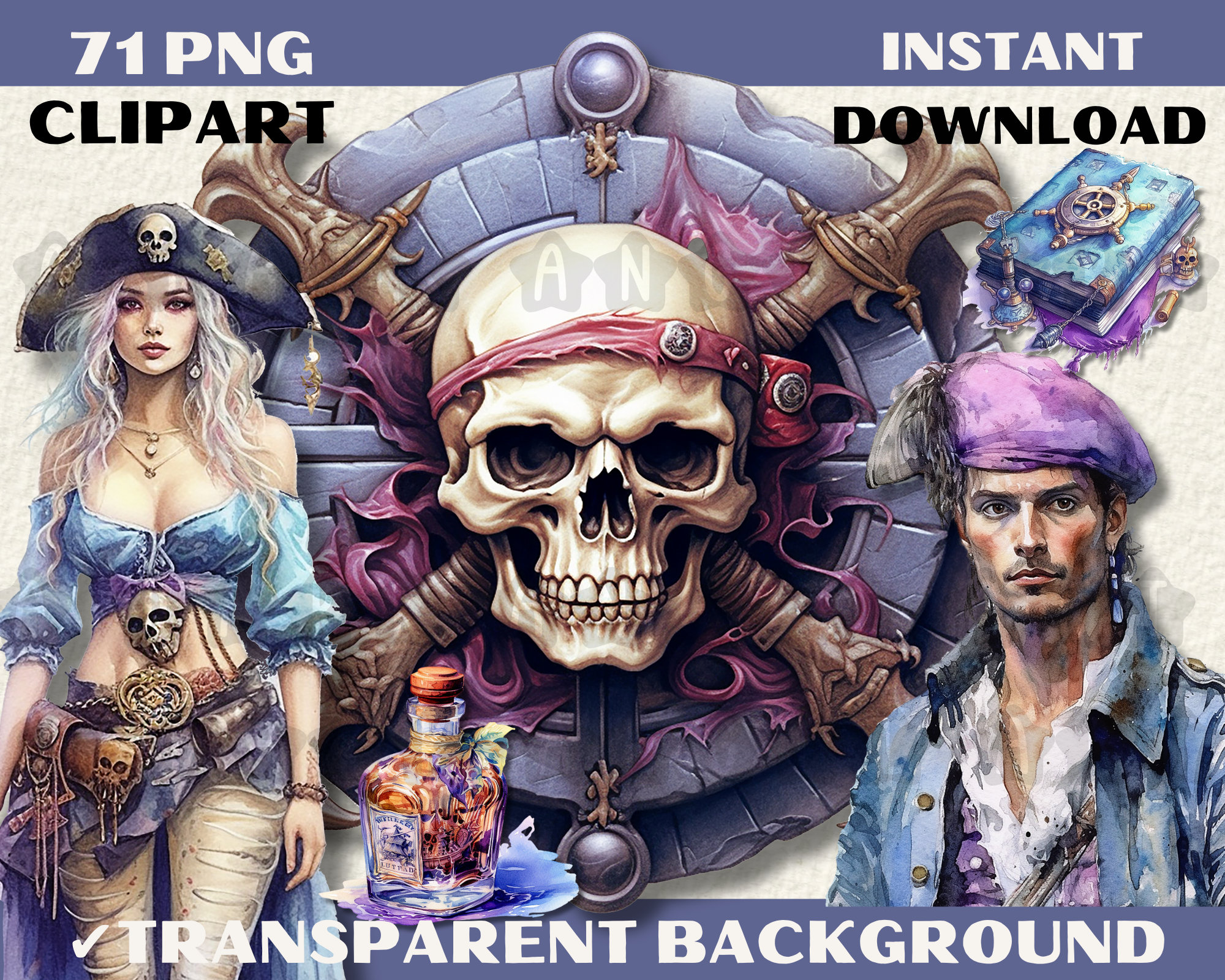 71 PNG Watercolor Pirate Clipart Bundle Printable Treasure Island ...