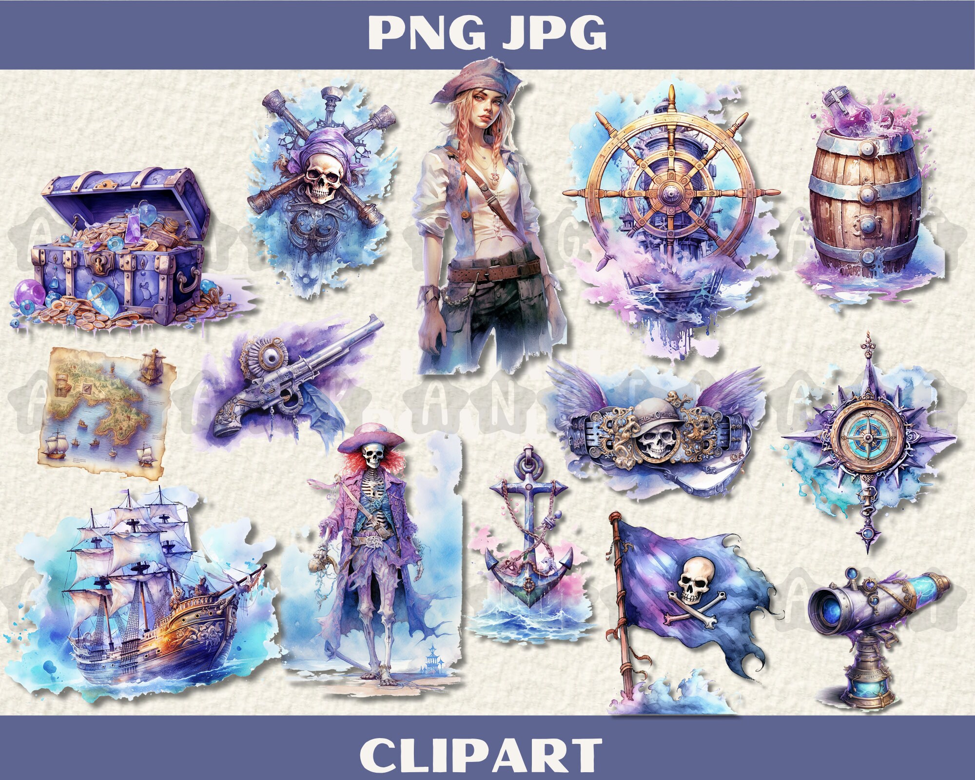 71 PNG Watercolor Pirate Clipart Bundle Printable Treasure Island ...