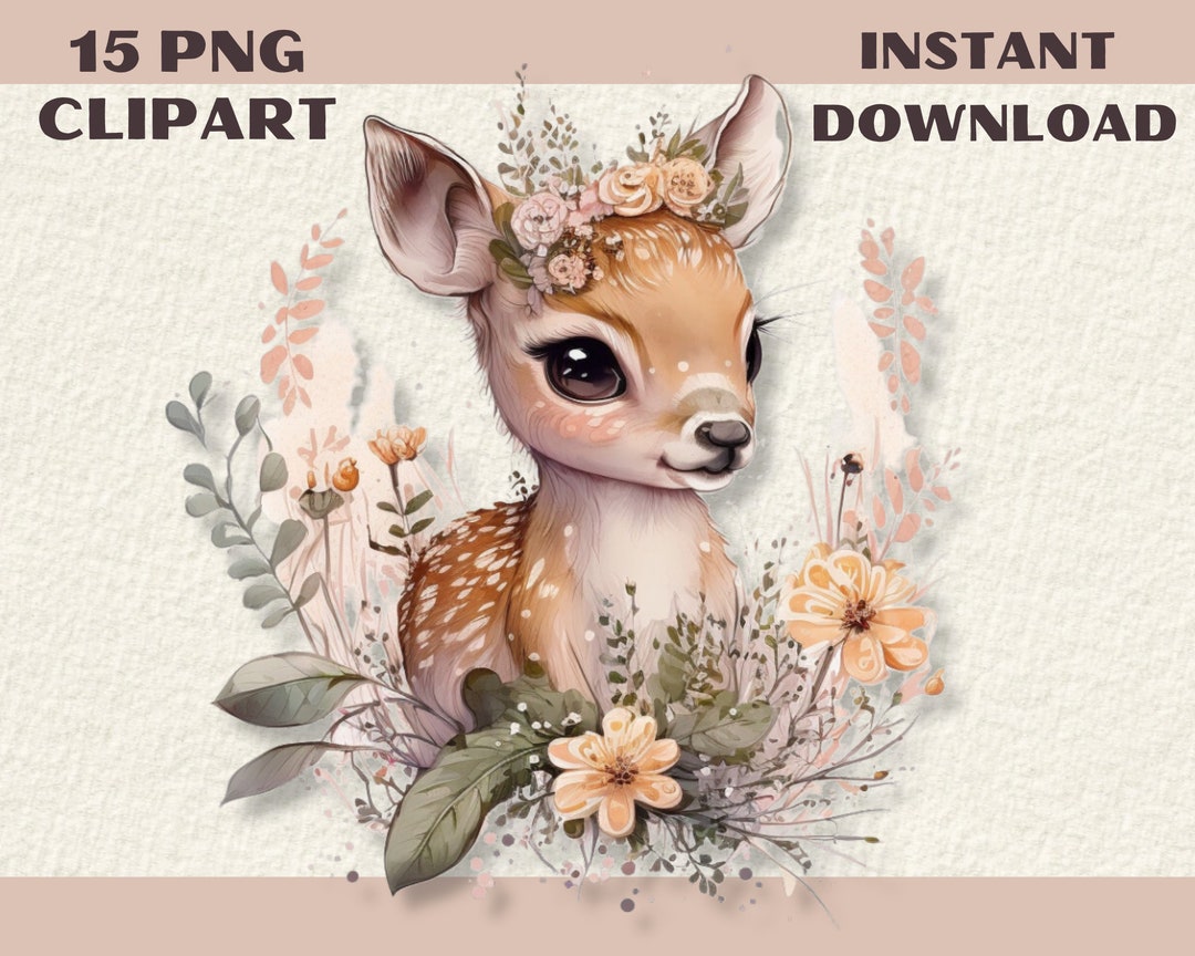 15 PNG Baby Deer Watercolour Clipart, Cute Fawn Baby Shower Floral ...