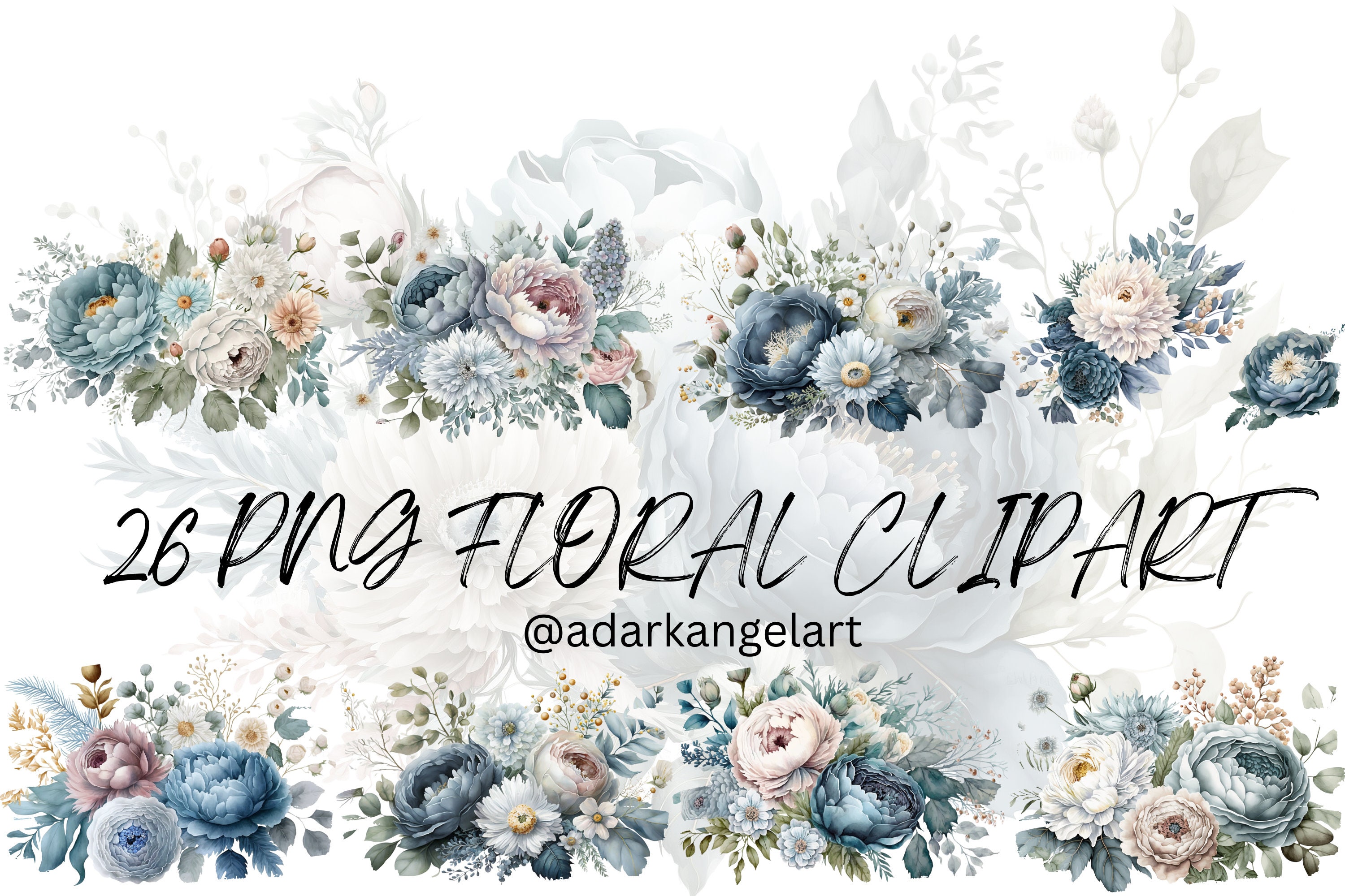 26 PNG Floral Clipart, Dusty Blue Austin Roses With White Flowers ...