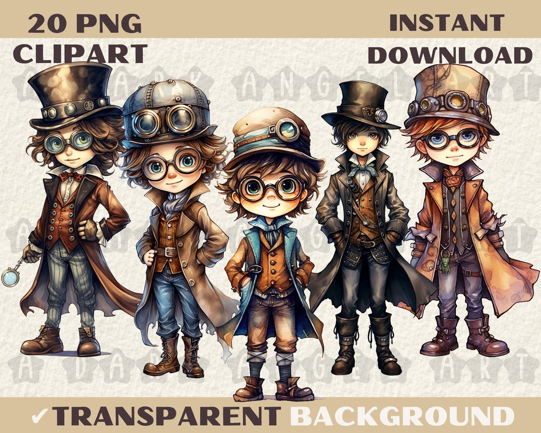 20 PNG Cute Steampunk Boys Watercolour Clipart, Stickers, Scrapbooking ...