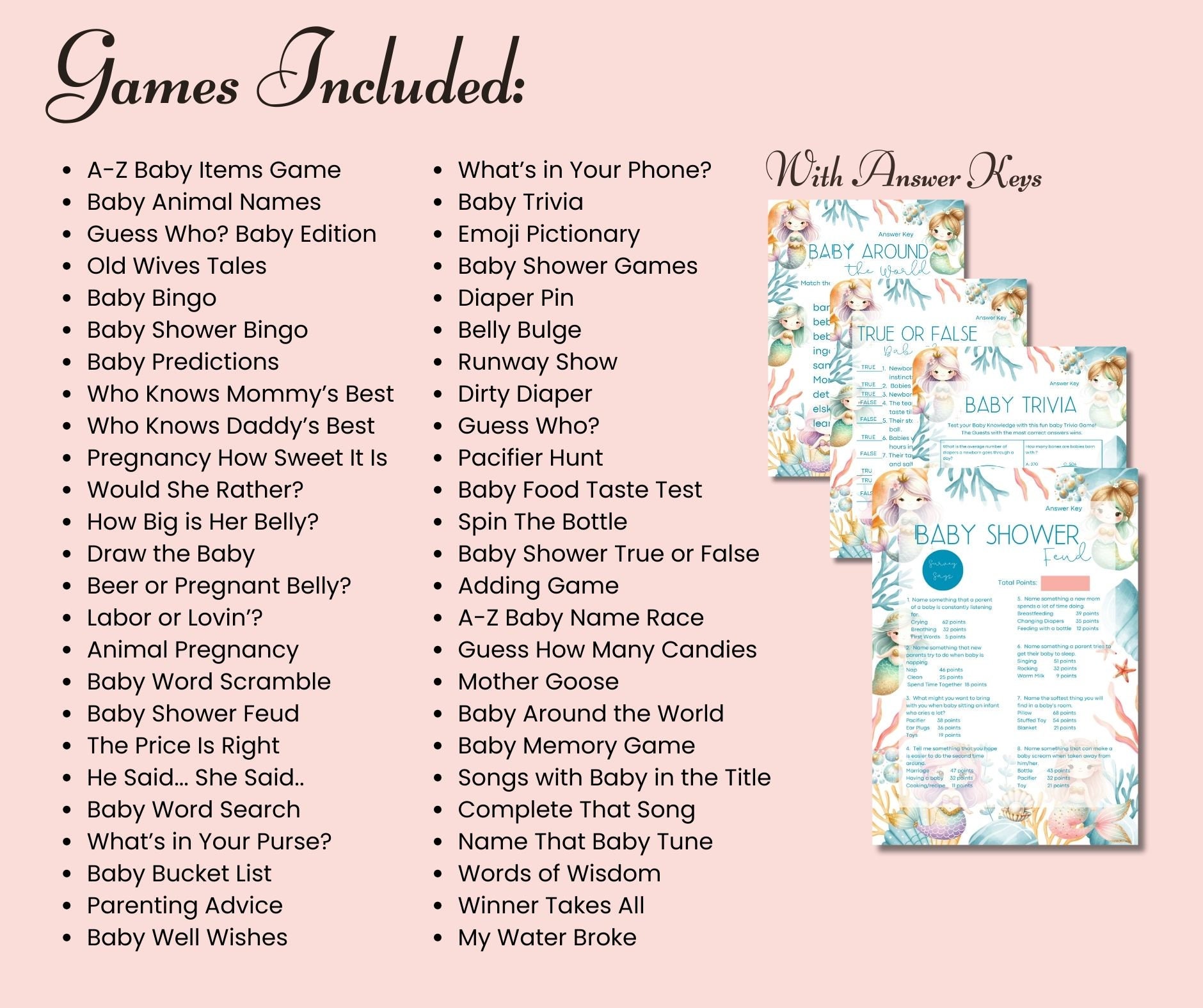 Mermaid Baby Shower Games Bundle, Under the Sea Baby Shower Game Pack ...