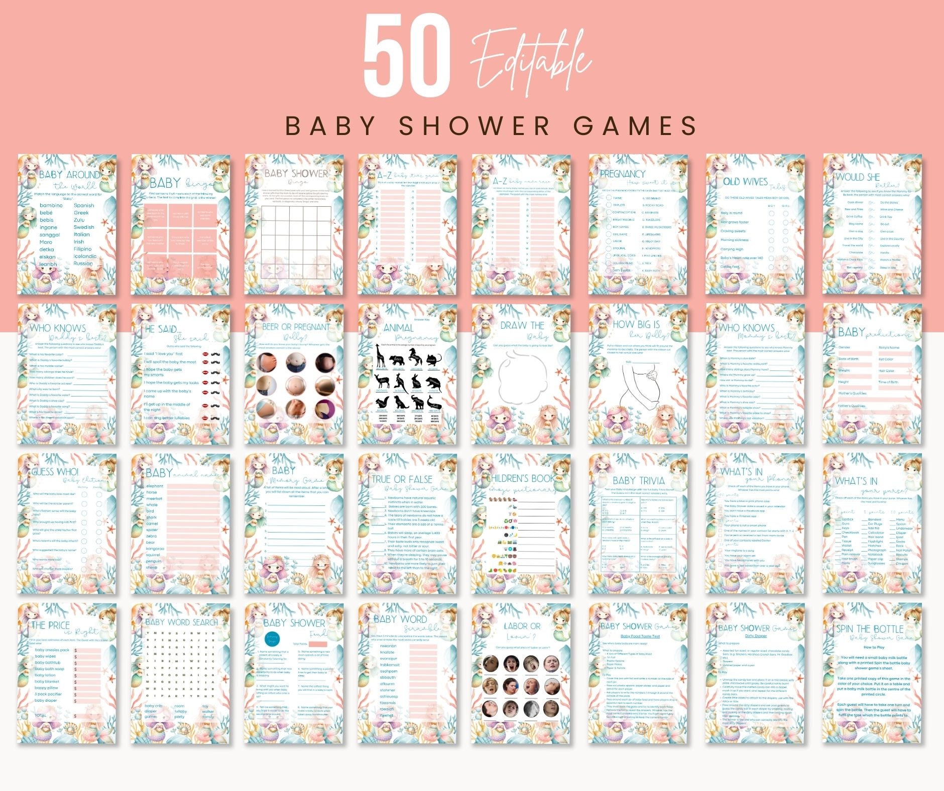 Mermaid Baby Shower Games Bundle, Under the Sea Baby Shower Game Pack ...