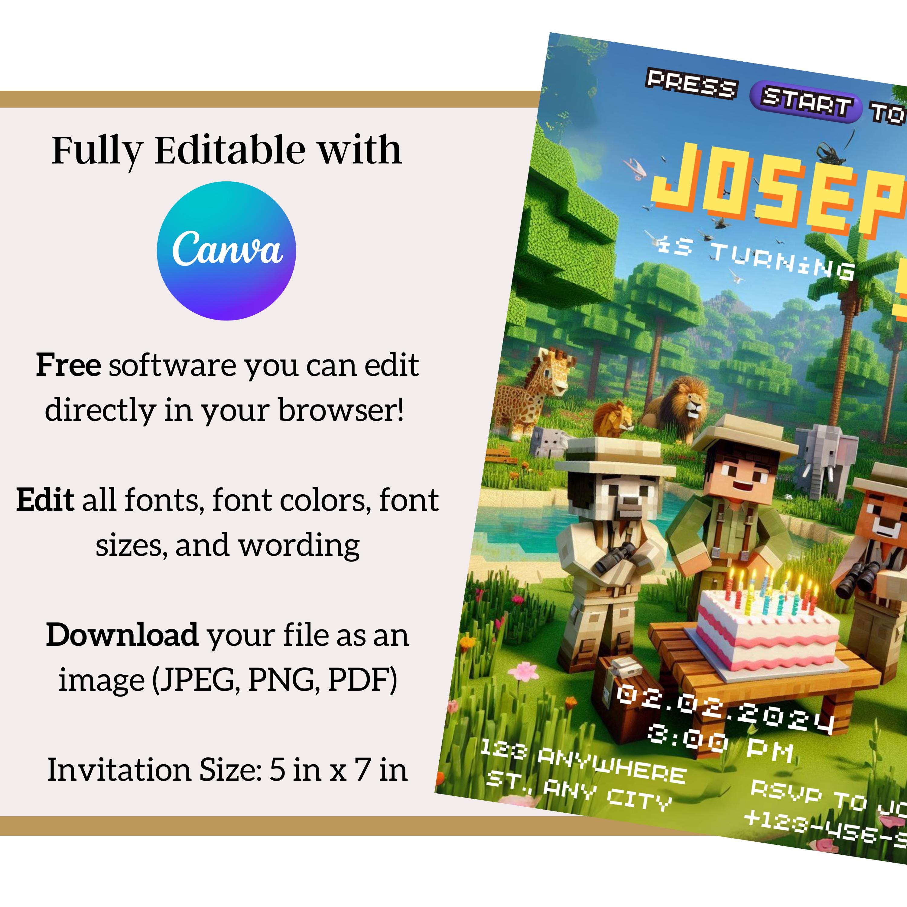 Minecrafter Birthday Invitation, Safari Birthday Invitation, Pixelated ...