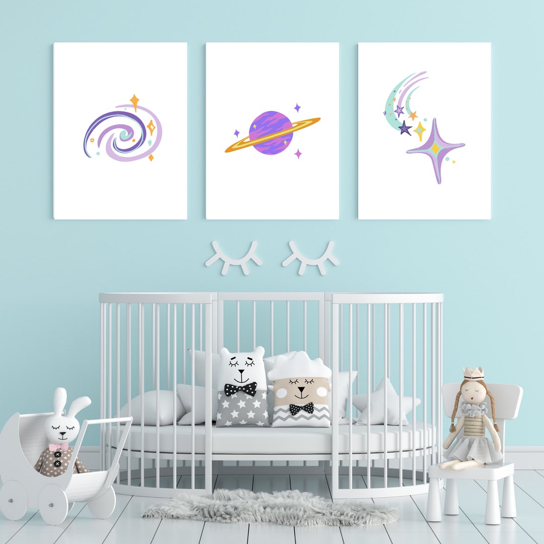 Purple Space Nursery Wall Art Bundle, 3 Canvas Prints, Baby Room, Print ...