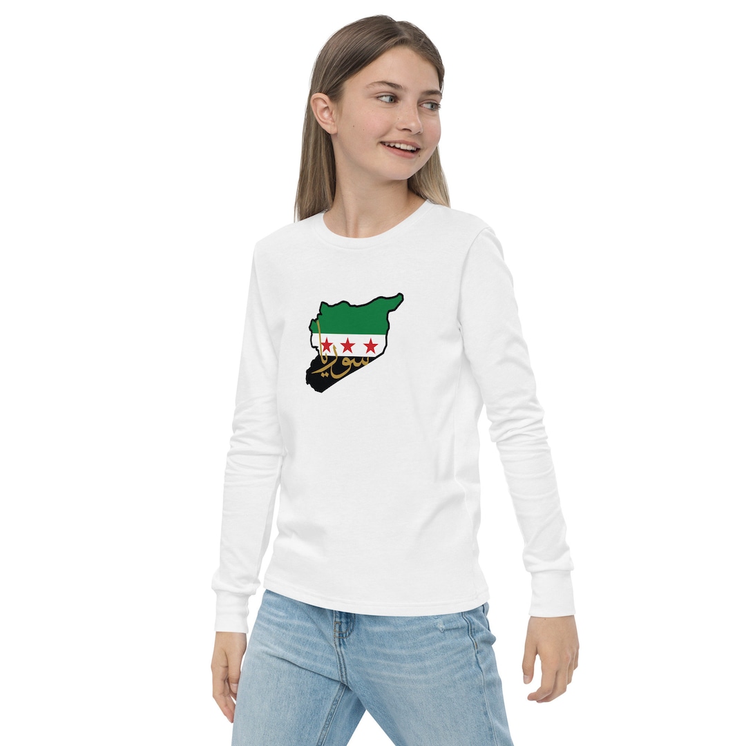 Syria Flag Map Arabic Calligraphy Graphic Youth Long Sleeve Tee, Syria ...