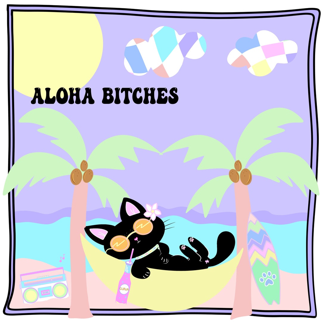 Aloha Bitches, Black Cat on Beach, Digital File, PNG, PDF, Kawaii Cat ...