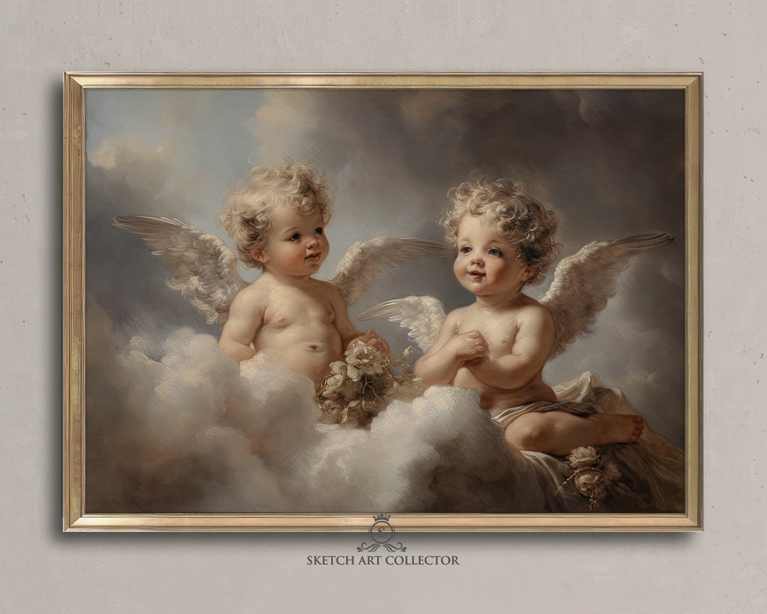 2 Angels Print Cupid Prints Religious Home Decor Cherub Paintings ...