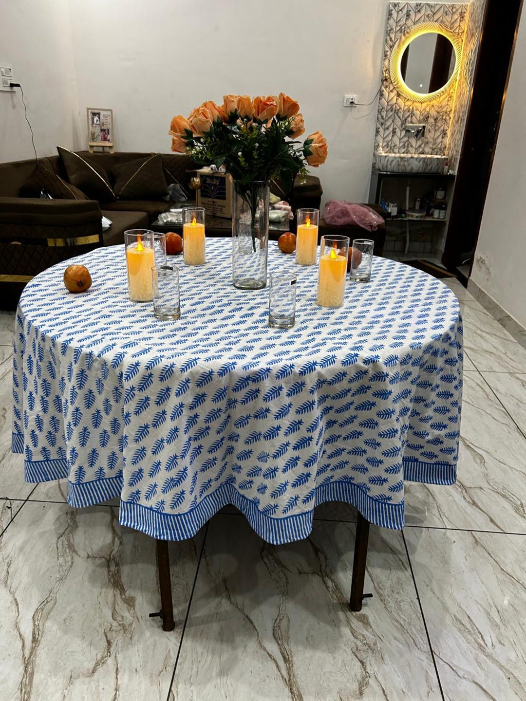 Blue Floral Print Tablecloths Cotton Handmade Table Cloths,washable ...
