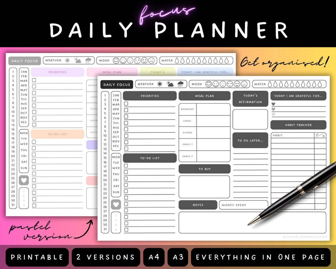 Printable Daily Planner Productivity Planner Daily Schedule Everyday ...